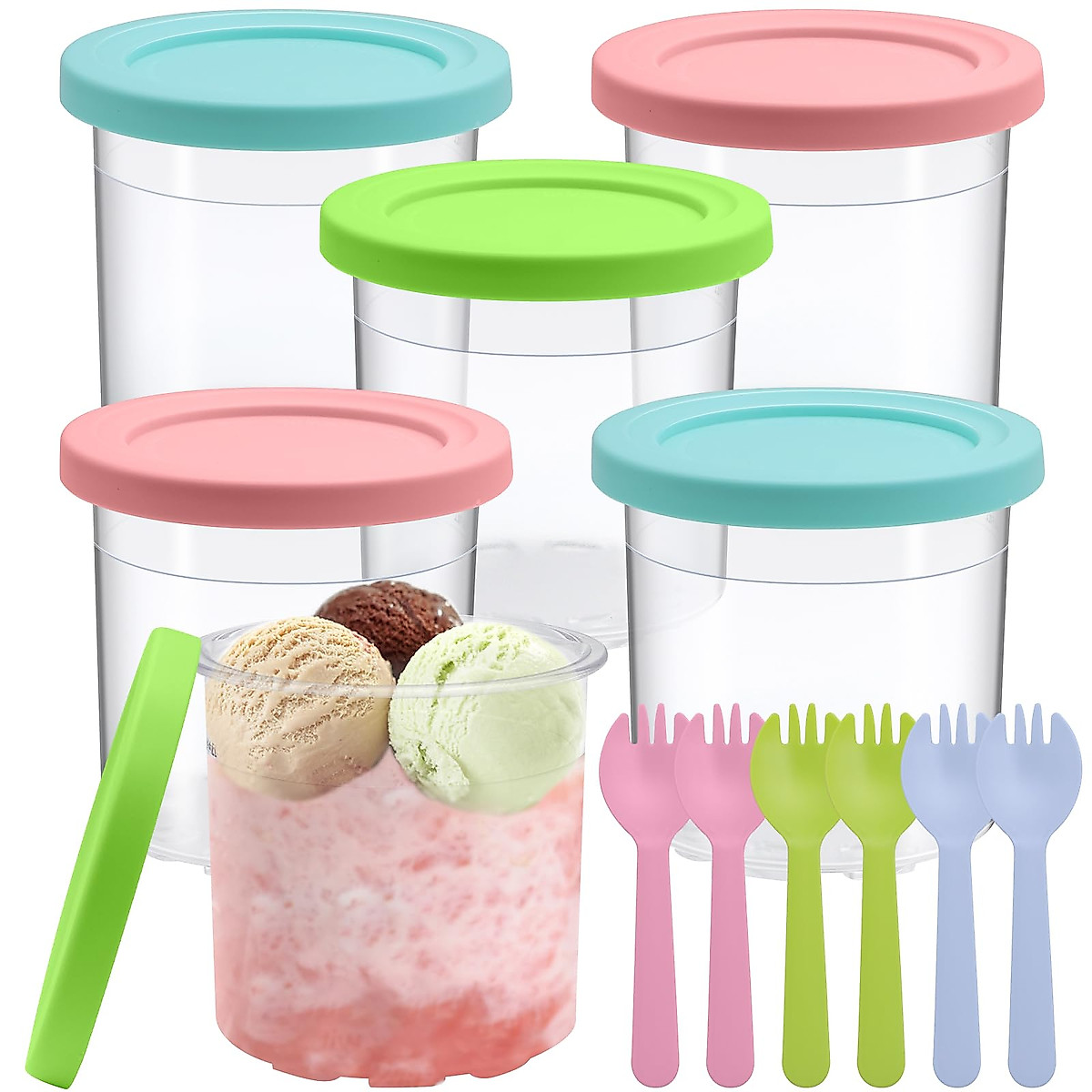 6 Pack Replacement Pint and Lid with Fork, SPOKKI Pint Containers with Silicone Lids, Compatible with Ninja Creami NC301 NC300s NC299AMZ Series, Airtight & Dishwasher Safe