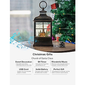 10.5" Christmas Snow Globe Lantern, Music Box, Rotating Snowflake Glitter Water Light with Timer, USB and Battery Powered Decoration (Church Christmas Tree)