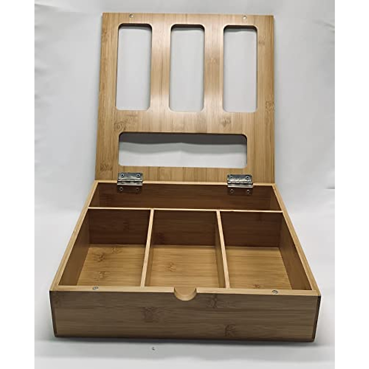 RUBY MAE BAMBOO BAG STORAGE ORGANIZER AND DISPENSER FOR SANDWICH, SNACK, QUART AND GALLON SIZE BAGS STORED IN KITCHEN DRAWER OR HANG ON WALL IN PANTRY