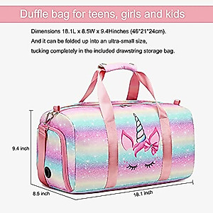 Dance Bag Girls Gymnastics Bag Kids Overnight Duffle Bag Unicorn Gym Sports Ballet Bag with Shoe Compartments, Kids Travel Weekender Sleepover Carry On Bag
