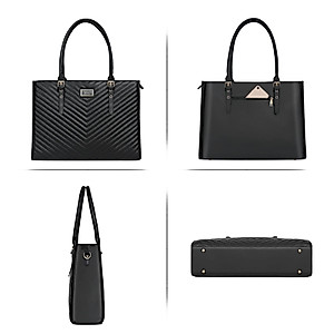 MOSISO Laptop Tote Bag for Women, 15.6 inch Computer Bag Compatible with MacBook, HP, Dell, Asus Notebook, 16 inch Large Capacity Quilted Leather Laptop Handbag with Clutch Purse, Black