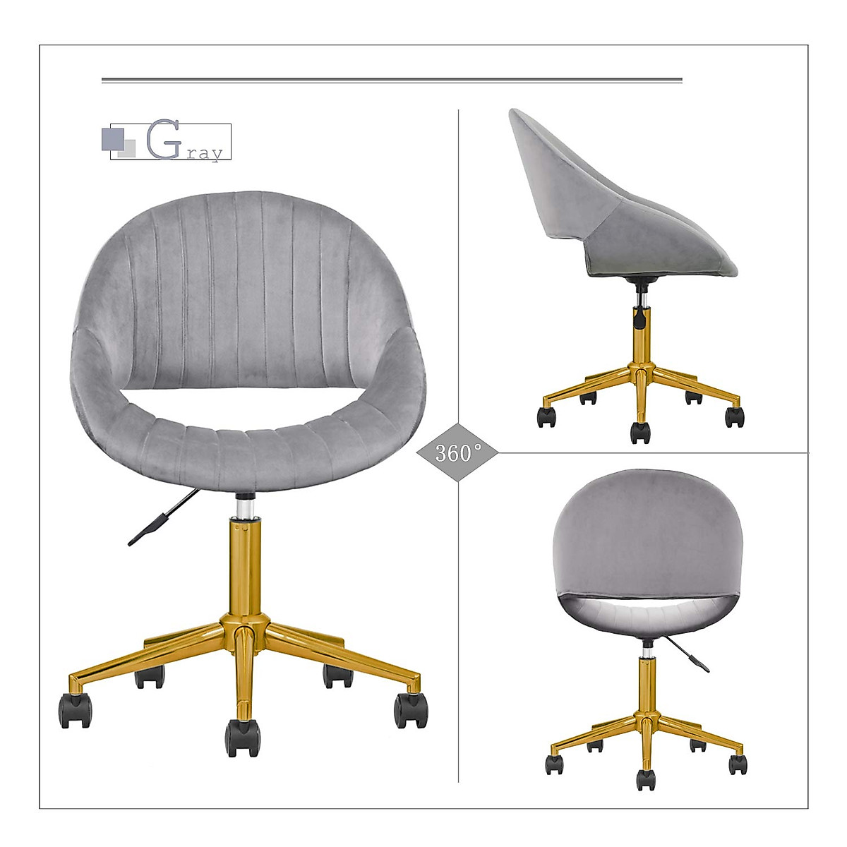 ovios Cute Desk Chair,Plush Velvet Office Chair for Home or Office,Modern,Comfortble,Nice Task Chair for Computer Desk. (Golden-Grey)