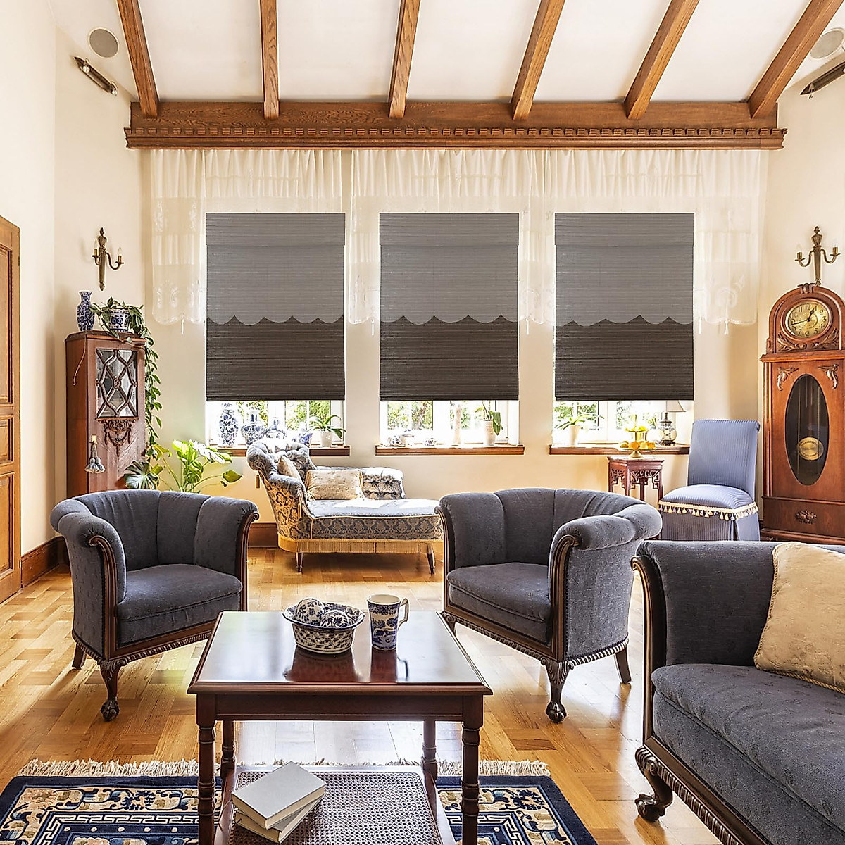 Comzone Blinds Cordless Blackout Bamboo Roman Shades, Easy Installation Natural Bamboo Woven Wood Window Shades, Custom Privacy Lined Bamboo Blinds with 6 Inches High Valance for Windows, Espresso