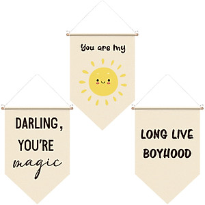 3 Pcs Canvas Hanging Pennant Flag Banner Wall Sign Decor Gift, Playroom Decor Long Live Boyhood Banner Boho Room Decor for Kids, Baby Boy, Baby Girl, Nursery Room Classroom Bedroom Decoration