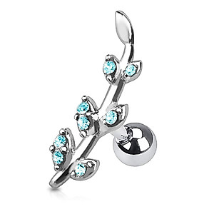 Forbidden Body Jewelry 16g Surgical Steel CZ Studded Vine & Leaves Climbing Cartilage/Helix Earring (Aqua)