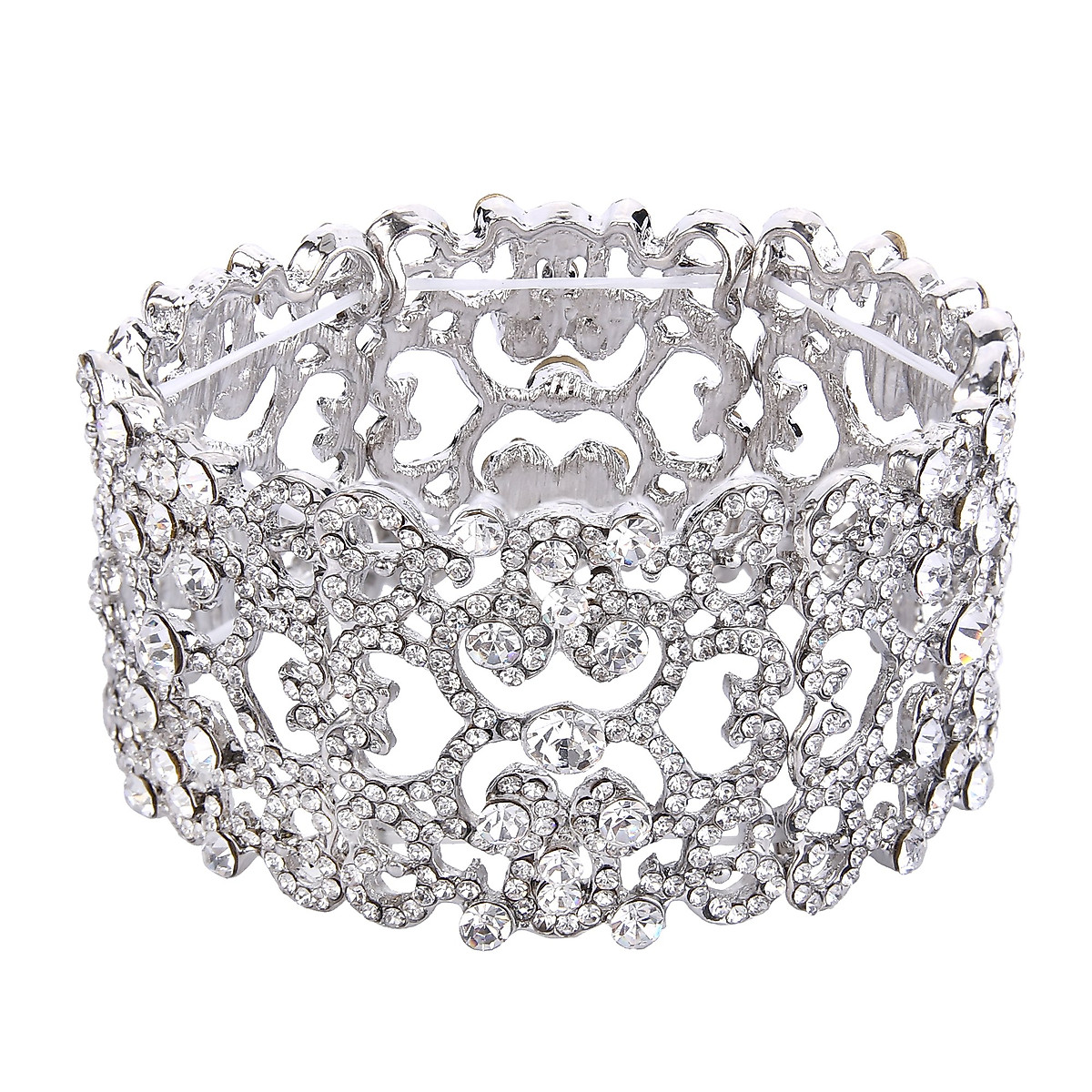 EVER FAITH Women's Austrian Crystal Bride Heart Art Deco Elastic Stretch Bracelet Clear Silver-Tone