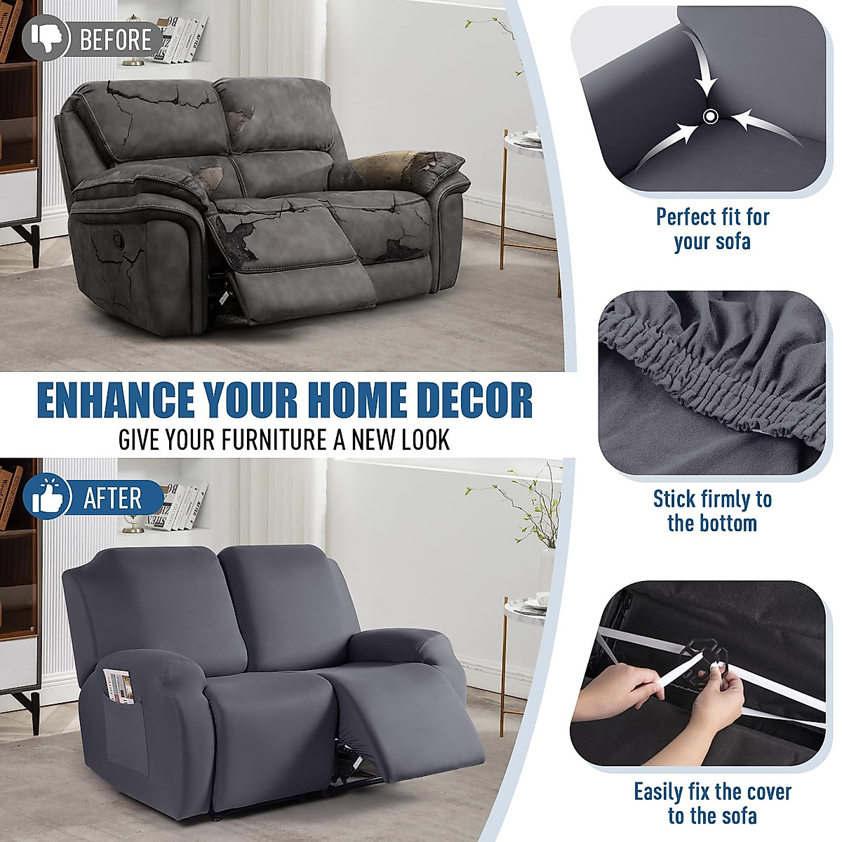 TAOCOCO Recliner Loveseat Slipcover, 2 Pieces Polyester Fabric Stretch Sofa Covers for 2 Seat Reclining Couch, Soft Washable Furniture Protector with Pockets (2 Seat, Dark Gray)