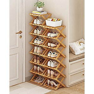 Narrow Shoe Rack - Shoe Storage Organiser- Vertical Bamboo Foldable Shoes Shelf for Entryway, Closet, Bedroom, Hallway ([tawny] 4 layers)