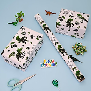 Vnaaem Dinosaur Wrapping Paper Roll with Cutlines on Reverse - 17 Inch X 33 Feet - Birthday Wrapping Paper Kids Boy Jungle Dinosaur Gift Wrap Paper Dinosaur Party Favor Happy Birthday Wrapping( 1 Roll)