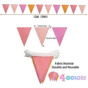 Zwiebeco 39Ft Orange Pink Fabric Bunting Banner Triangle Flags Party Decorations Hanging Cotton Garland Pennant for Engagement Wedding Baby Shower Birthday Festivals Nursery Home Outdoor Garden Decor