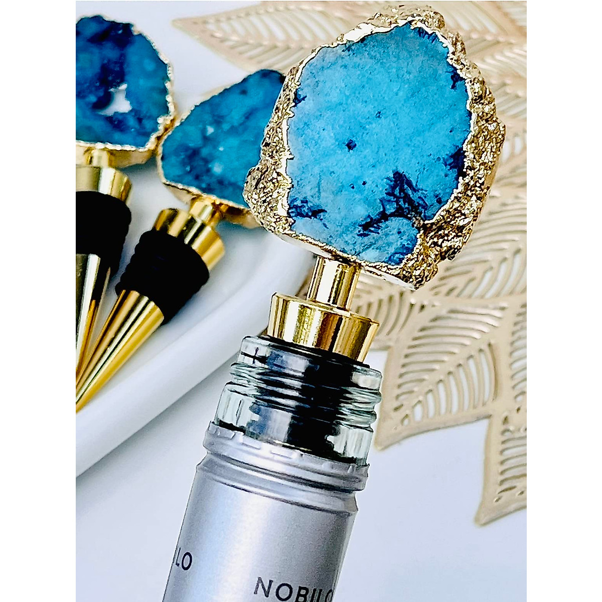 LUXE CRYSTAL CO. Handcrafted Teal Green Natural Crystal Geode Agate Druzy Gold Electroplated Crystal Wine Champagne Stopper Handmade Bottle Barware Housewarming Bridal Shower Gift