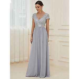 Ever-Pretty Women's Sequin V-Neck A-line Short Sleeves Empire Waist Maxi Evening Party Dress Silver US16