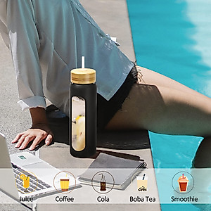 Kodrine Glass Water Bottles with Straw, 24oz Water Bottle with 2 Lids - Handle Spout Lid & Bamboo Straw Lid, Motivational Water Bottle with Silicone Sleeve, Wide Mouth, Leakproof, BPA Free(Black)