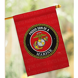 Breeze Decor Proud Son House Flag Pack Armed Forces Marine Corps USMC Semper Fi United State American Military Veteran Retire Official Applique Banner Small Garden Yard Gift Double-Sided, Made in USA