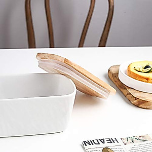 KOOV Porcelain Large Butter Dish with Lid for Countertop, Airtight Butter Container with Oak Lid, Butter Crock, Perfect for 2 Sticks of Butter, Texture Series (White)