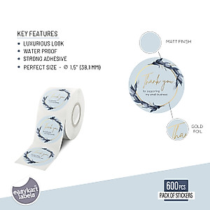 easykart labels 600 Business Thank You Stickers in roll, 1.5" Round Size| Pastel Blue Flower Bunch Design with Gold Foil | Highly Recommended for Small Business Owners.