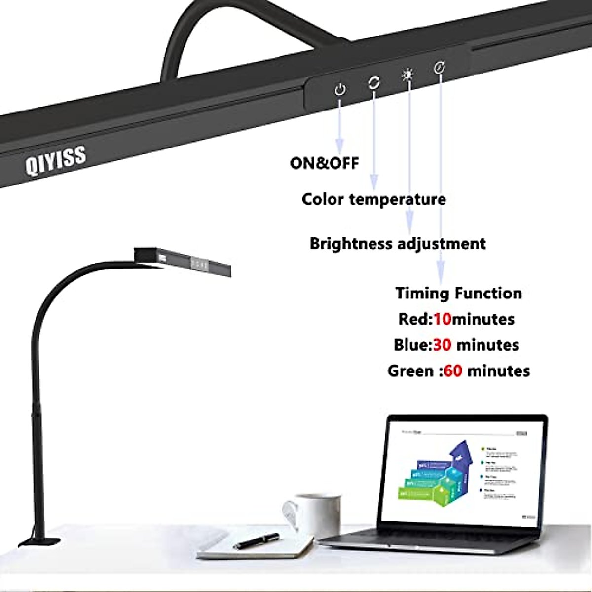 QIYISS LED Desk Lamp, Clamp Lamp with Flexible Gooseneck 360°Rotate,12W LED 3 Modes 5 Brightness, Timer，15.75" Wide Office Eye Protection Light 1100LM Large Bright Desk Lights with Stepless Dimming