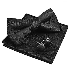 Alizeal Mens Paisley Bow Tie, Pocket Square, Cufflinks Set (Black)