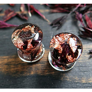 ETERNIADA Black Cornflower Ear gauges Flower Plugs Piercing Body Jewelry Tunnels Pressed Flower and Rose Gold foil Flakes Jewelry Birthday Gifts Resin Plug Earrings (22mm / 7/8" / Pair)