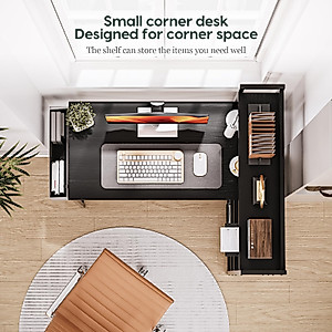 WASAGUN 40 Inch Small L Shaped Computer Desk with Storage Shelves, Home Office Corner Reversible Desk Study Writing Table with Hutch, Black