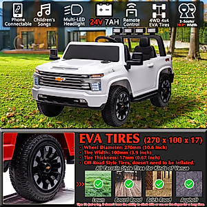 sopbost 4WD 24V 2 Seater Kids Ride On Truck with Remote Licensed Chevrolet Silverado Electric Toy Car with EVA Tires Wheels, High/Low Speed, Music Play (White)