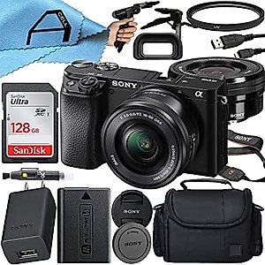 Sony Alpha a6100 Mirroless Digital Camera with E PZ 16-50mm OSS Lens + A-Cell Accessory Bundle Includes: SanDisk 128GB Memory Card + Case + Pistol Grip Tripod + Much More