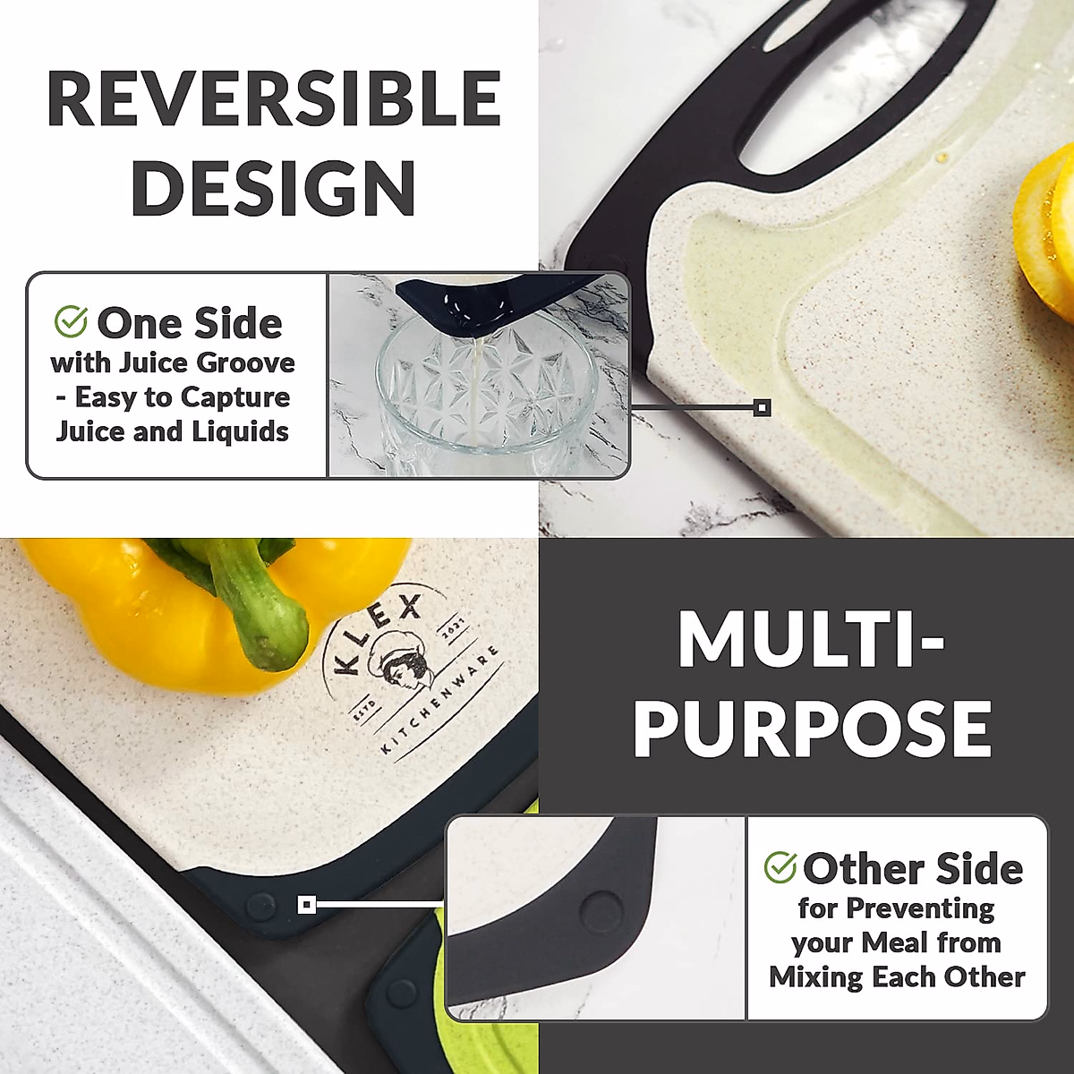 Klex EcoWheat Cutting Board for Kitchen (Set of 3), BPA Free Food Safe Wheat straw PP material, 3 Piece Chopping Boards Set, Dishwasher Safe, Juice Groove Non-Slip Design with Easy Grip Handle, Green