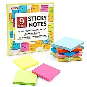 Sticky Notes, Shuttle Art 9 Bright Colors Stickies, 9 Pads 630 Sheets Total, 3x3 Inches Self-Stick Pads for Home, School, Office