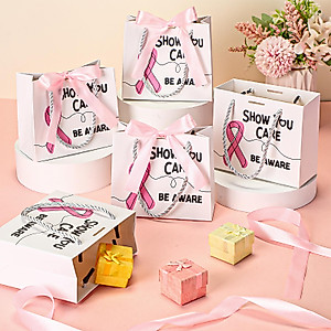 Weekgrat 25 Pack Small Pink Ribbon Bags with Handles Breast Cancer Awareness Paper Gift Bags and Bow Ribbon Show You Care Breast Cancer Bags Women Men Breast Cancer Fighter, 5.51 x 2.36 x 4.72 inch