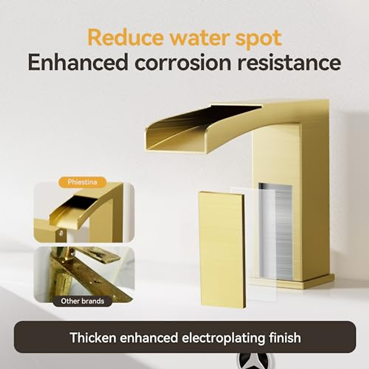 Phiestina 3 Hole 8 Inch Widespread Polished Gold Waterfall Bathroom Faucet with Metal Pop UP Drain and CUPC Water Supply Lines, NS-WF02-1-BG