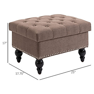 HOMCOM Ottoman with Storage for Living Room, 25" Storage Ottoman with Removable Lid, Button-Tufted Fabric Bench for Footrest and Seat with Wood Legs, Blue