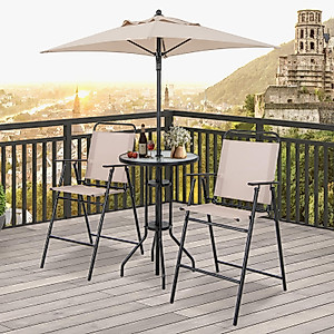 Giantex 4-Piece Outdoor Bar Set, Round High Top Bar Table with 2 Folding Counter Height Chairs & Umbrella, Patio Bistro Table Set with Tempered Glass Top for Garden Porch Poolside, Beige