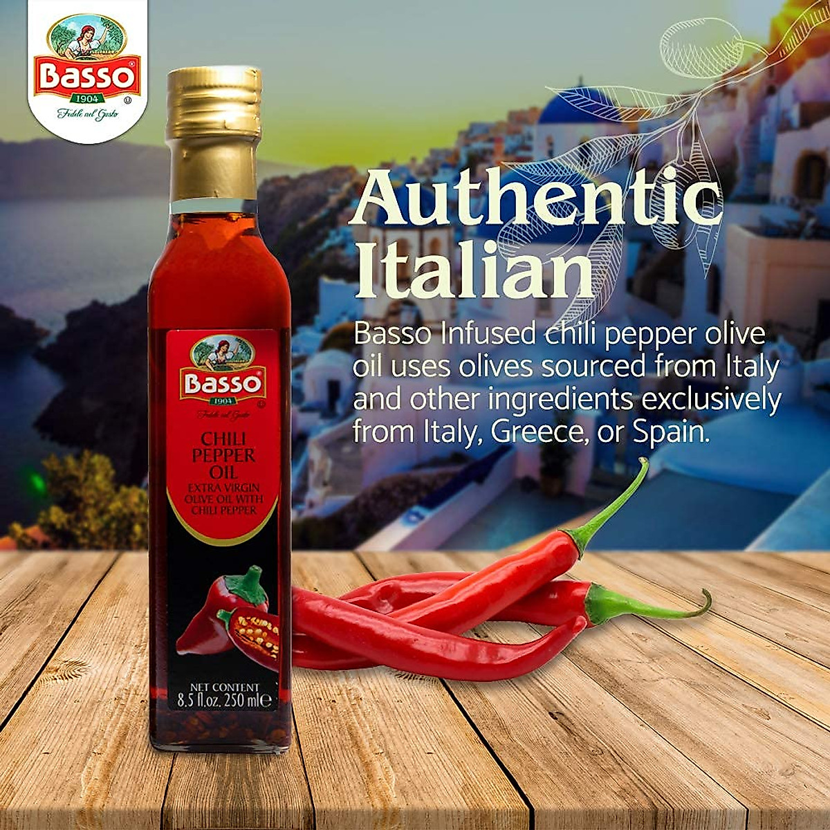 BASSO 1904 - Spicy Chili Oil, Infused Premium Extra Virgin Olive Oil, 8.5 Fl Oz (250 ml), Drizzle, Cooking, Dipping, Dressing, and Tasting