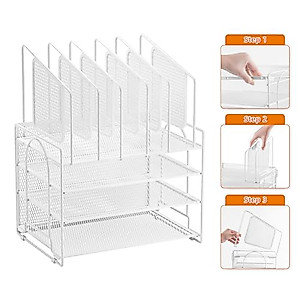 Marbrasse Mesh Desk Organizer, 4-Tier Mesh Desk File Organizer with 5 Vertical File Holders, Multifunction Desktop Organizer, Desk Organizers and Accessories for Home Office School,White