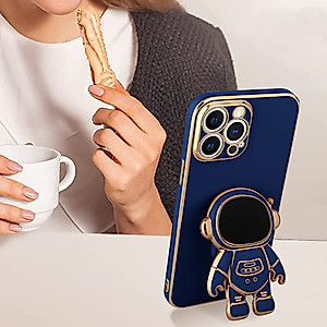AIGOMARA 6D Plating Astronaut Hidden Stand Case Cover for iPhone 13 Pro Max Women Astronaut Folding Bracket Kickstand iPhone Case with Camera Protector Soft TPU Shockproof Bumper 6.7 in - Navy Blue