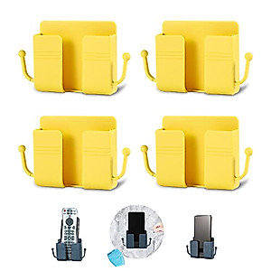 4 pieces Wall Mount Phone Holder Adhesive Wall Beside Organizer Storage Box Plastic with Hooks Remote Control Phone Brackets Holder Charging Phone Stand for Bedroom Living Room Bathroom(Yellow)