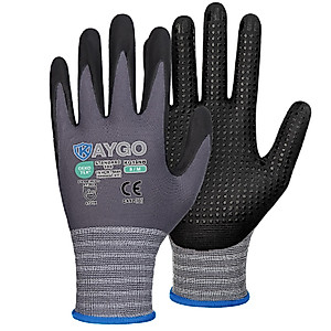 KAYGO Work Gloves MicroFoam Nitrile Coated KG19NB, Seamless Knit Nylon Safety Work Gloves with Micro Dots on palm, Ideal for General Purpose,Automotive,Home Improvement,Painting (3, Medium)