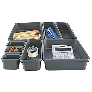 HOME-X Connecting Organizer Trays, Set of Interlocking Adjustable Trays for Organizing Office Supplies and Kitchen Utensil Drawers, Set of 8, 3 Sizes, Gray