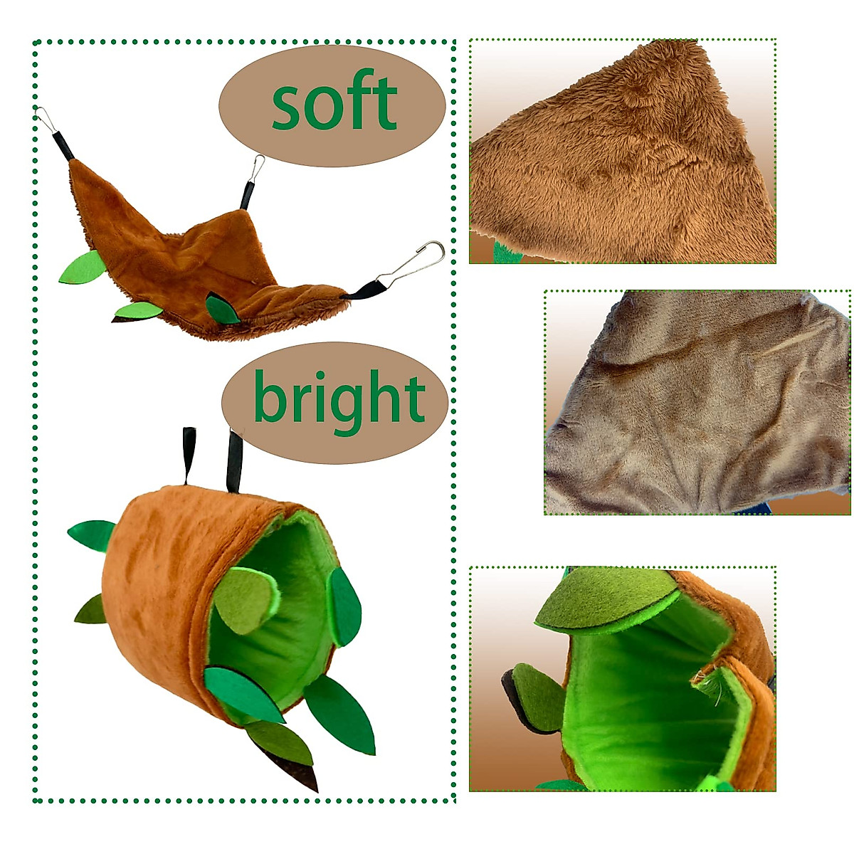 MUYG Hamster Hammock,Small Animal Hanging Hideout Tunnel Sleeping Set Plush Swing Warm Bed House Cage Nest Accessories for Sugar Glider,Squirrel,Brown(5 Pcs)