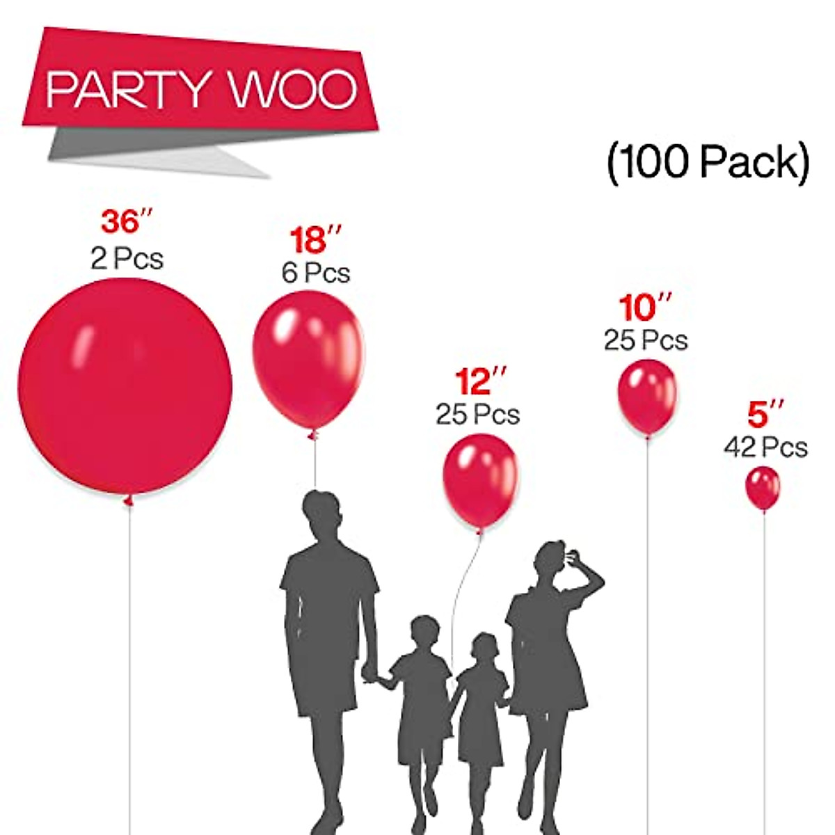 PartyWoo Red Balloons, 100 pcs Matte Red Balloons Different Sizes Pack of 36 Inch 18 Inch 12 Inch 10 Inch 5 Inch for Balloon Garland or Balloon Arch as Party Decorations, Birthday Decorations