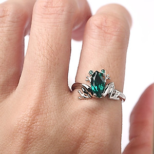 LUO 925 Sterling Silver Frog Ring Marquise Cut Created Emerald Ring Frog Jewelry Lovely Animal Ring Promise Ring for Women US Size 6.5