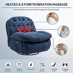YI DANICA Recliner Chair with Massage Rocker Swivel Heated Modern Ergonomic Lounge 360 Degree Single Sofa Seat Living Room Sponge Filling USB Charge Port