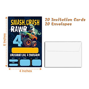 YQV Dinosaur Truck 4th Birthday Party Invitations, 20-Count Dinosaur Birthday Party Invites With Envelopes-HBYQK-B29