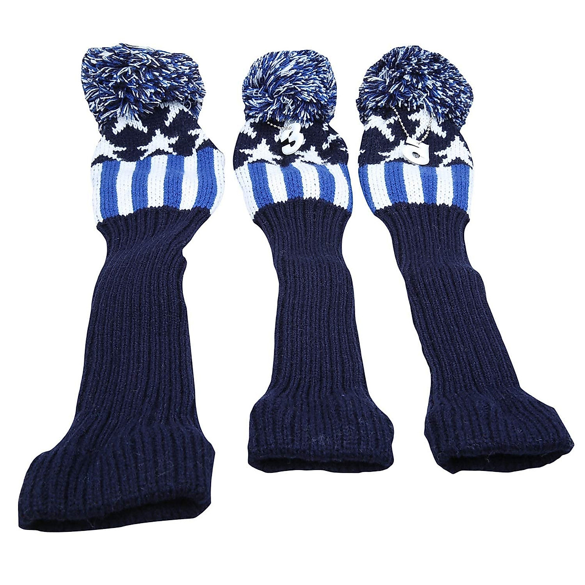 Golf Builder 3pcs/Set USA Stars and Stripes Knitted Golf Head Covers Sock Covers Pom Pom Covers for Driver Fairway Wood (Blue)