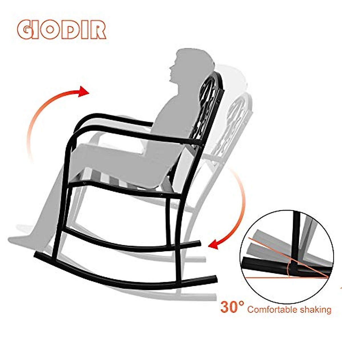 GIODIR Outdoor Patio Rocking Chair, Metal Rocking seat for for Deck, Backyard or Garden w/Scroll Design (Black)…