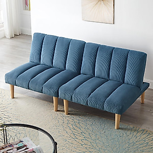 MEGA FURNIT Convertible Futon Sofa Bed - Modern Sleeper Loveseat with Adjustable Backrest, Wooden Legs, and Soft Corduroy Fabric for Living Room, Bedroom, and Small Spaces (Blue)