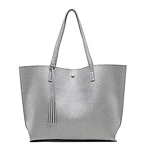 Kbinter Women's Soft Leather Tote Shoulder Bag, Big Capacity Tassel Handbag Women Large (Silver)