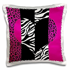 3dRose Pink Black and White Animal Print-Leopard and Zebra Heart-Pillow Case, 16 by 16" (pc_35437_1)