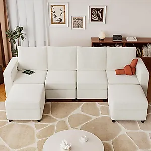VINGLI 108" U-Shaped Storage Modular Sectional Sofa Sleeper in USB Built-in Charger, Convertible Couch Bed with High-Resilience Foam, 4 Deep Seaters Module/2 Ottomans(Chaises),Chenille/Cream White