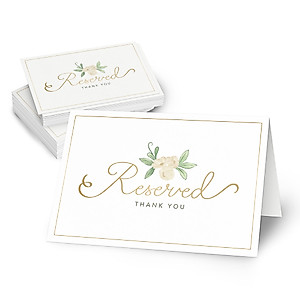 Rileys & Co 25 Pack White and Gold Reserved Table Signs for Wedding Receptions, Parties, and Events, Double Sided Golden Foil Print and Elegant Floral Design, 4x6 Inches